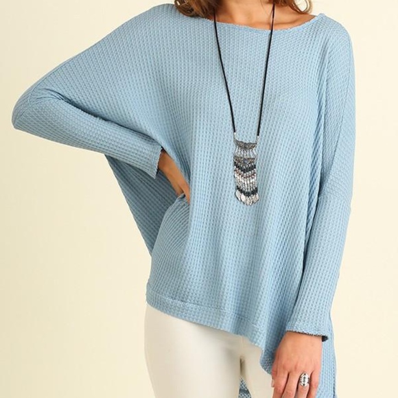Umgee | Tops | Blue Oversized Knit Top W Raw Neckline | Poshmark
